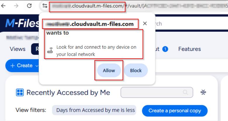 M-Files Web: wants to look for and connect to any device on your local ...