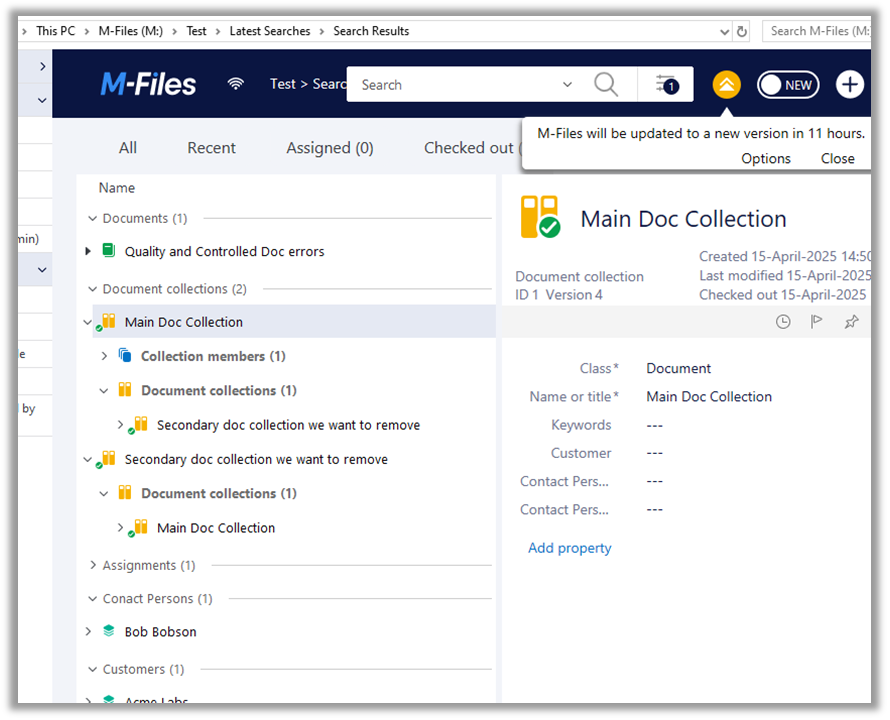 M-Files: Removing a Document Collection from Another Document Collection